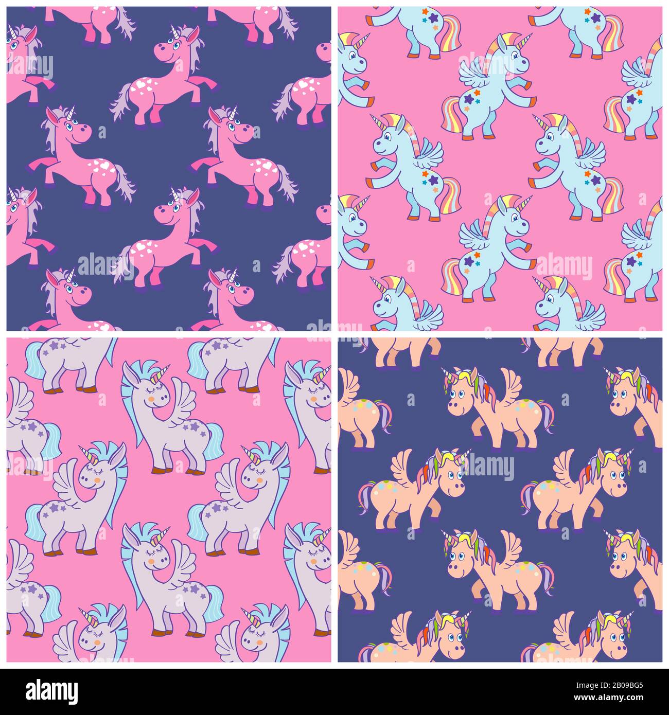 Vector hand drawn unicorns seamless patterns set. Illustration of ...