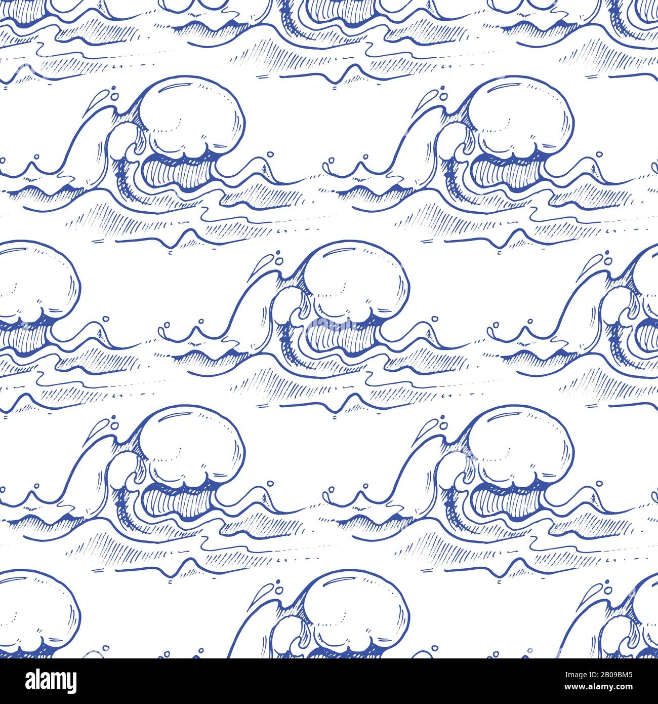 Blue hand drawn waves vector seamless pattern. Backdrop water wave ...