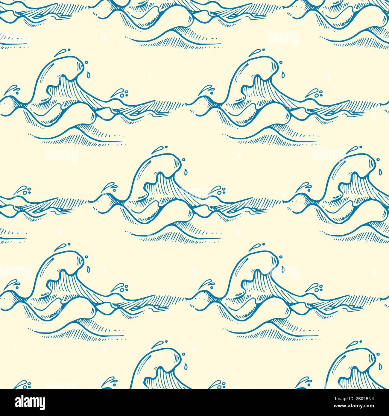 Blue hand drawn waves vector seamless pattern. Ocean graphic texture ...