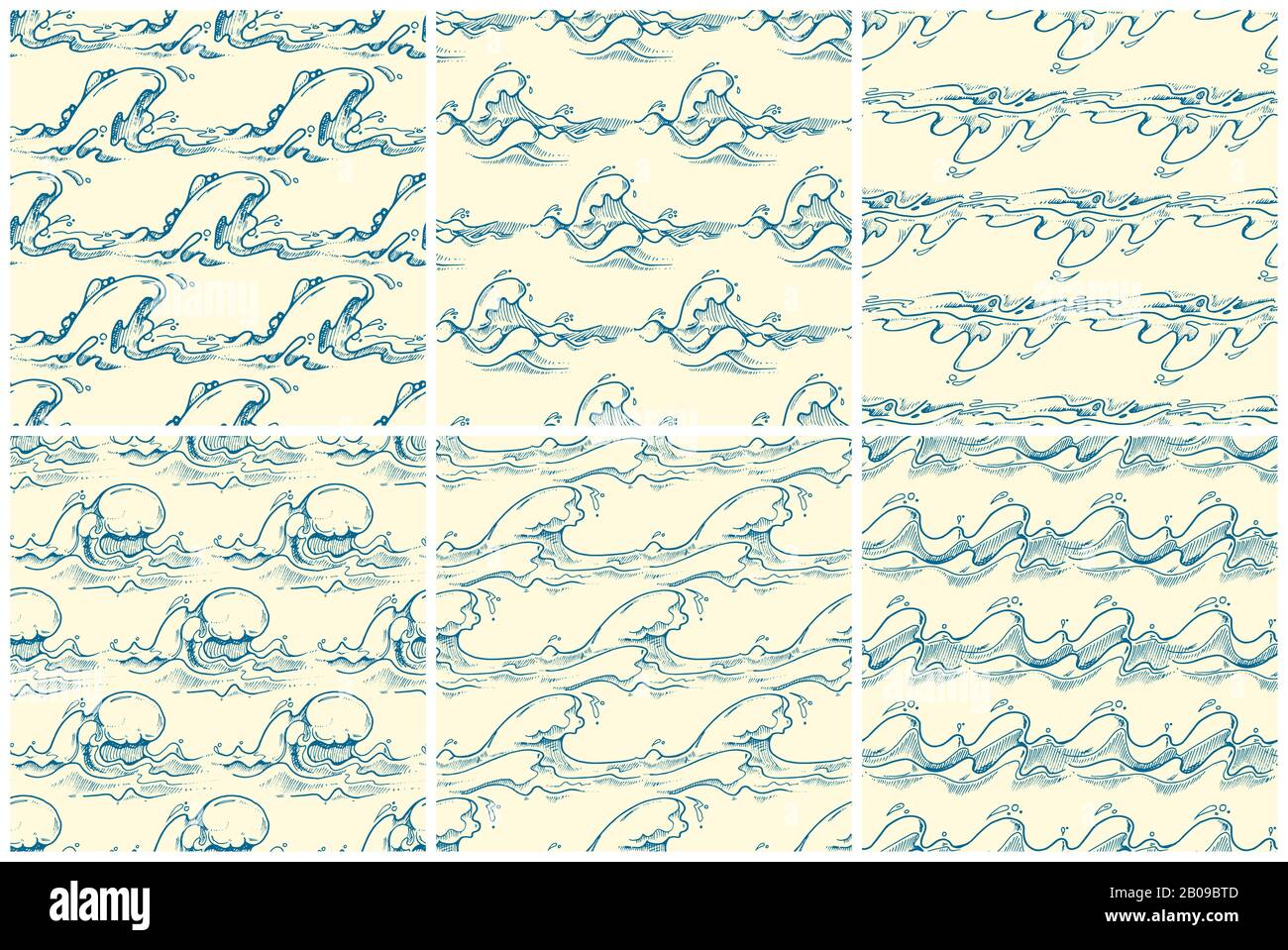 Hand drawn waves vector seamless patterns set. Wallpaper line, abstract ...