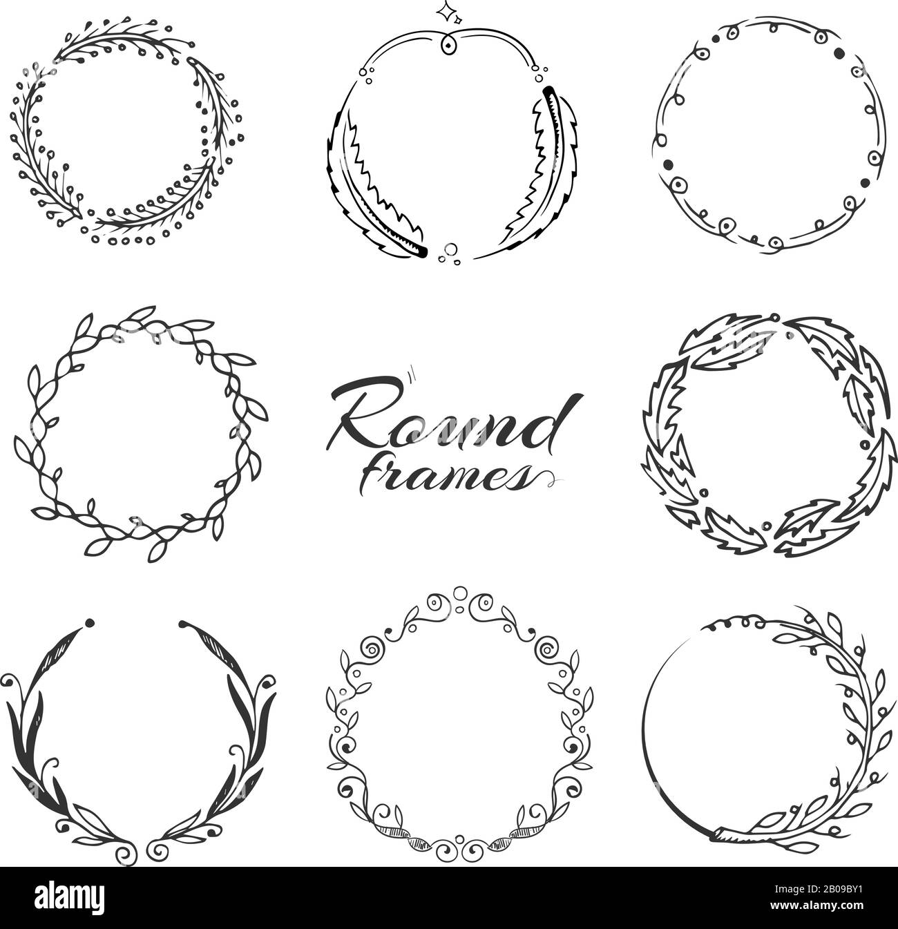 Branch with leaves, laurel wreath, floral circle frames for decoration ...