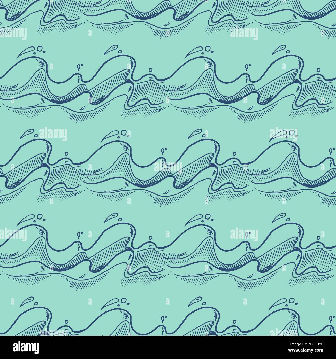 Teal and blue hand drawn waves vector seamless background. River flow ...