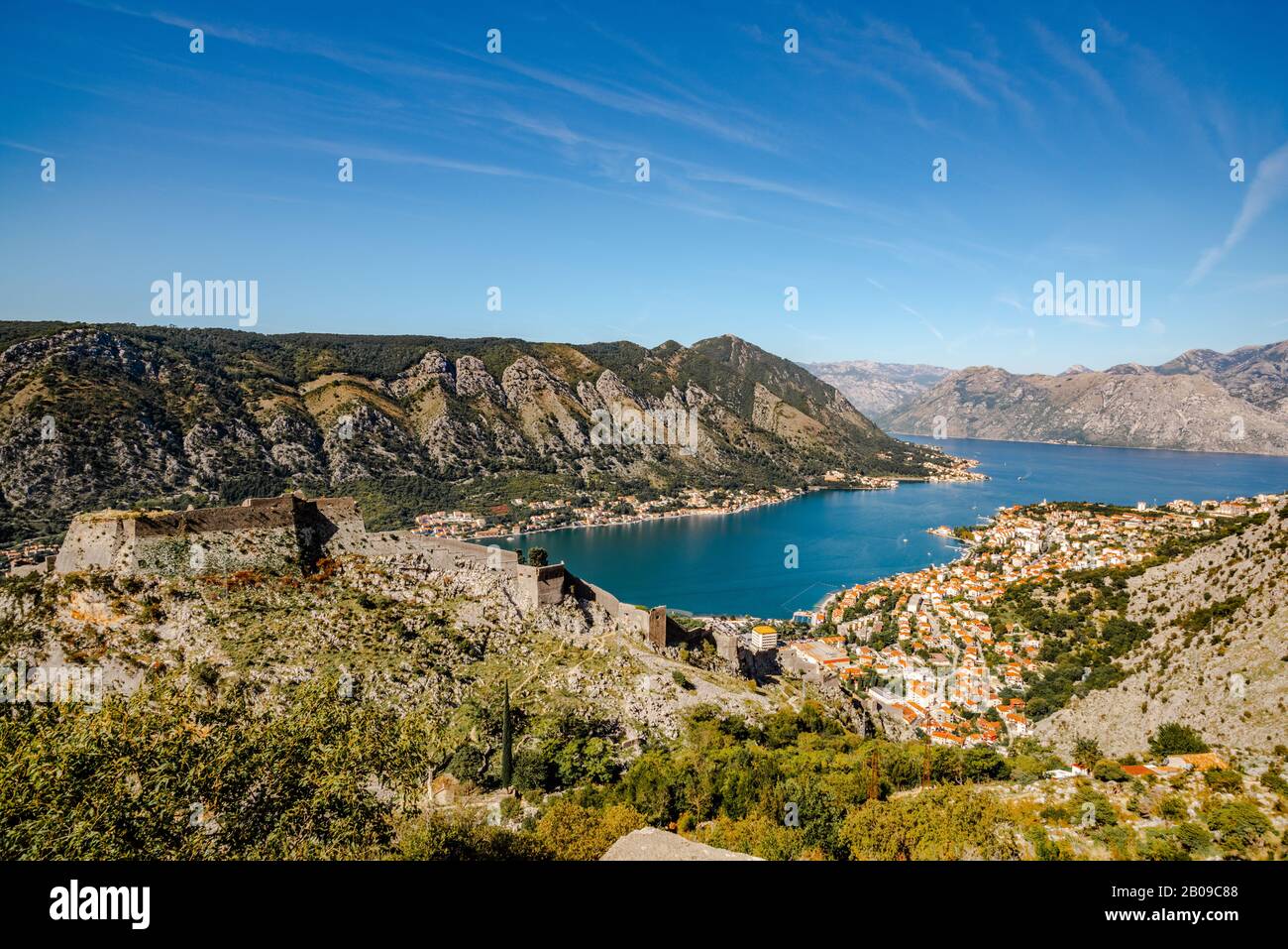 The castle walls of Kator and the old town - Kotor Ladder Stock Photo ...