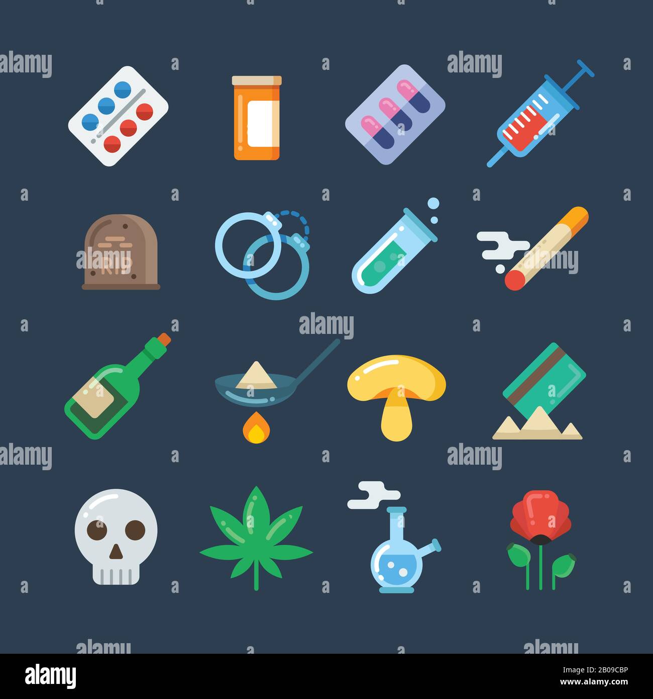 Illegal drug tablets, alcohol addiction, methamphetamine abuse vector ...