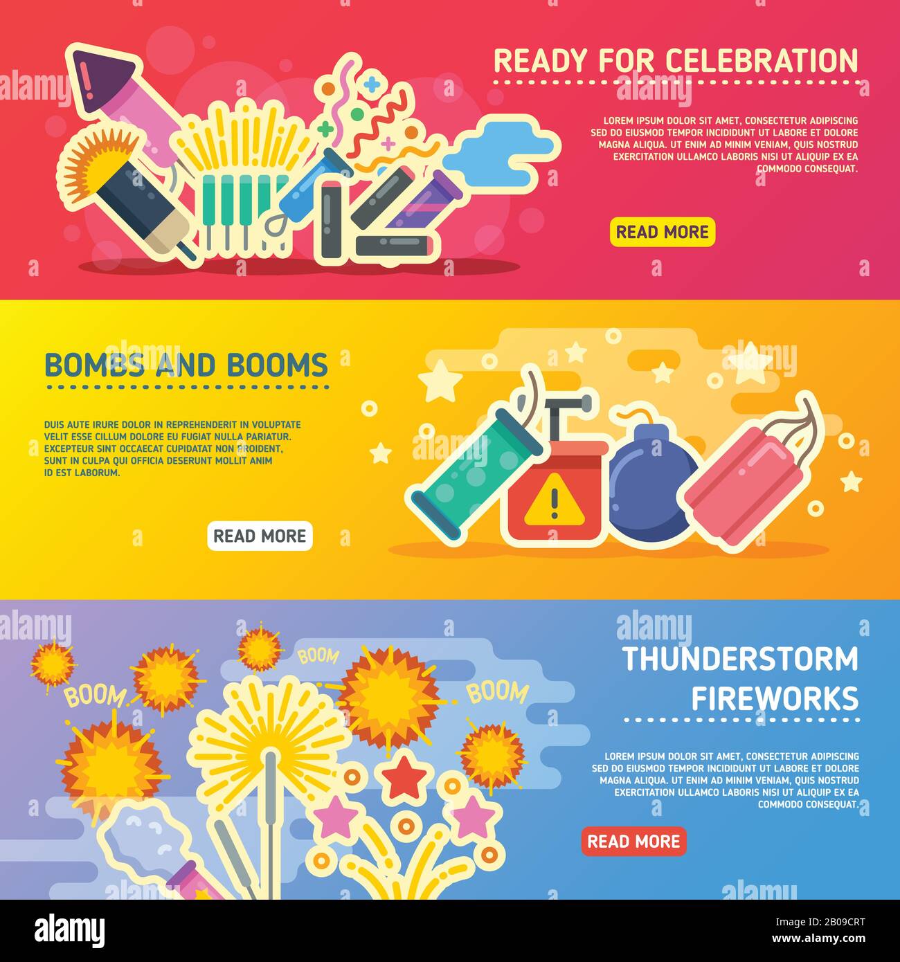 Holiday fire, crackers show set of vector business banners. Horizontal ...