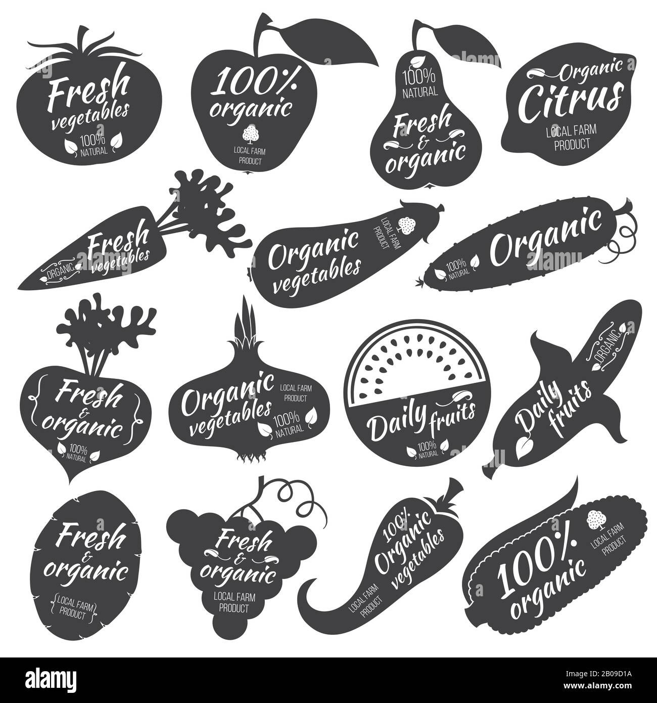 Fruits and vegetables vector stickers, labels, logos. Organic vegetable ...