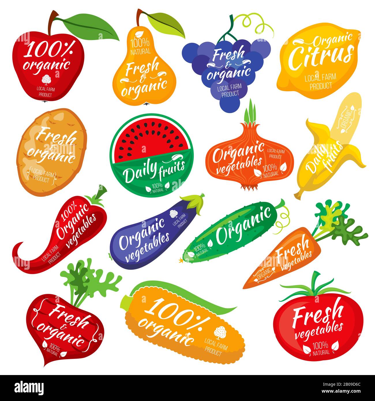 Fruit and vegetables color silhouettes, logo for food store packaging ...