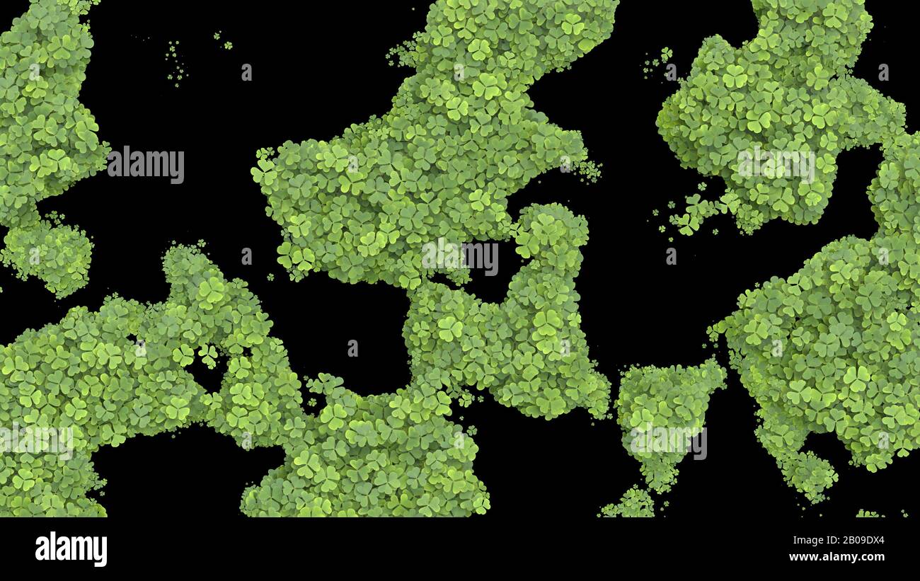 Green clover covering the screen on black background. 3D rendering ...