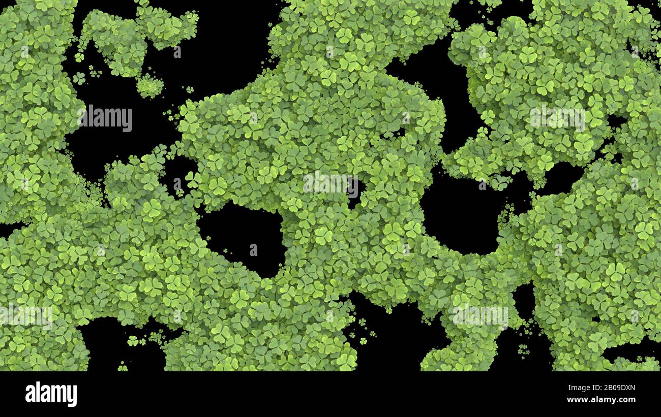Green clover covering the screen on black background. 3D rendering ...