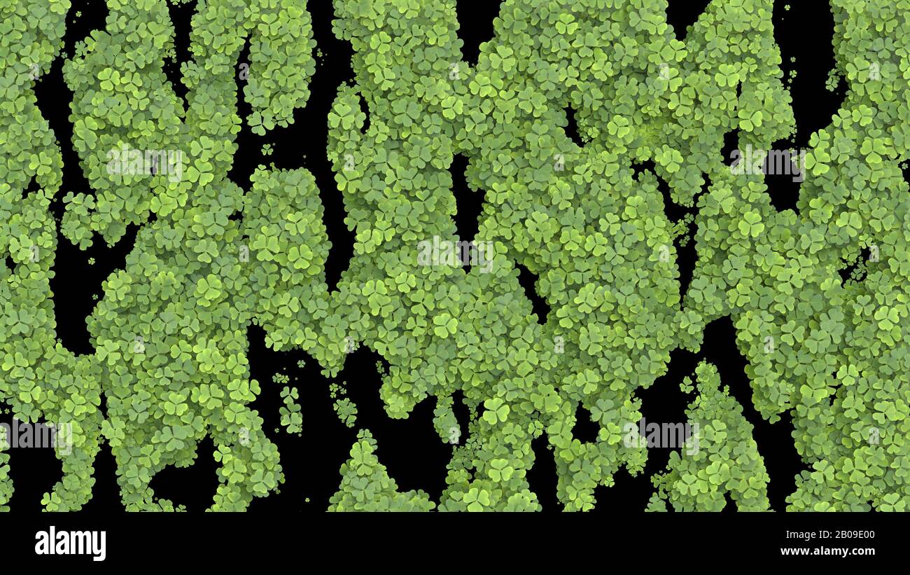 Green clover covering the screen on black background. 3D rendering ...