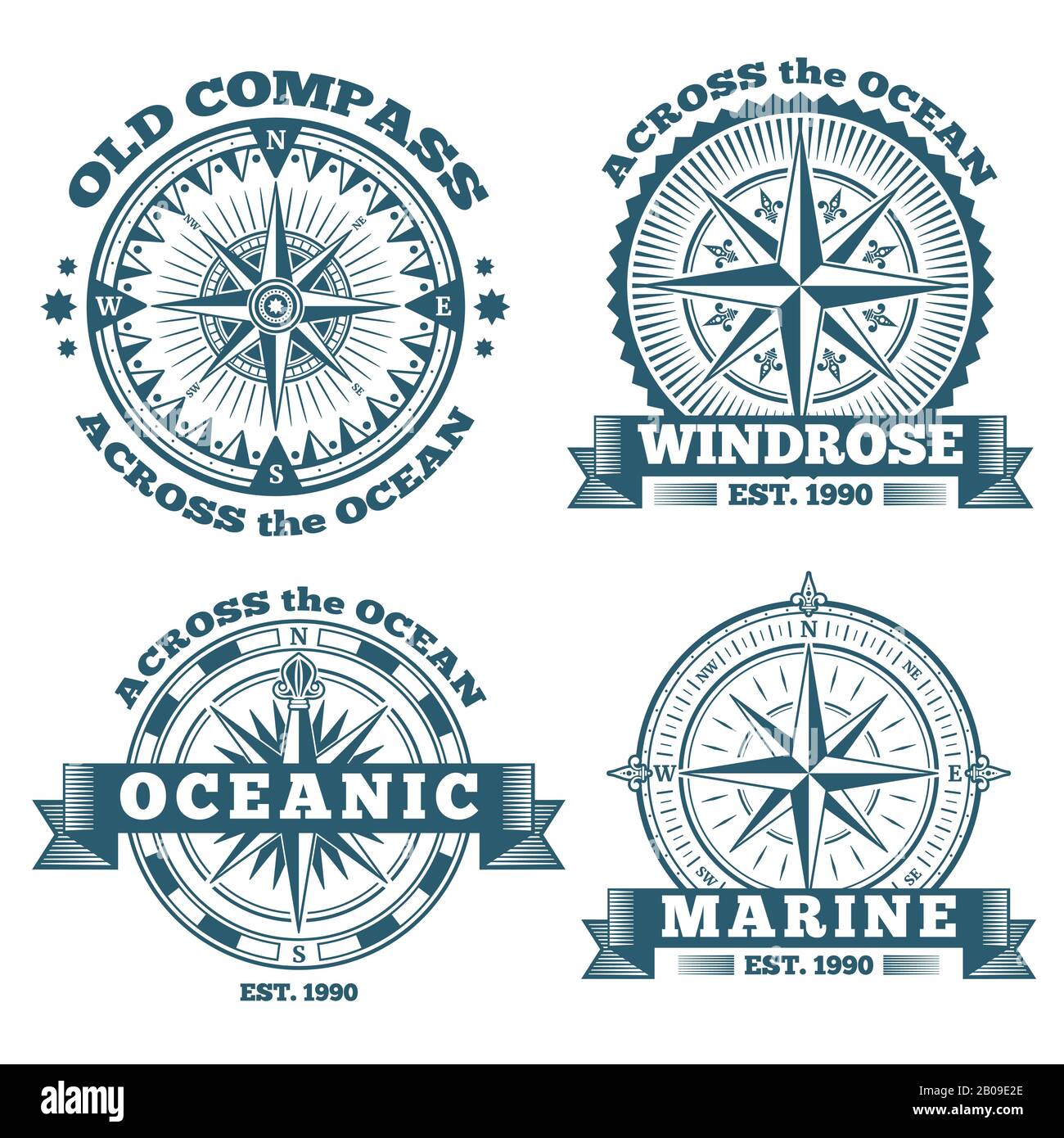 Vintage nautical labels, emblems, logo, badges with compass and ribbons ...