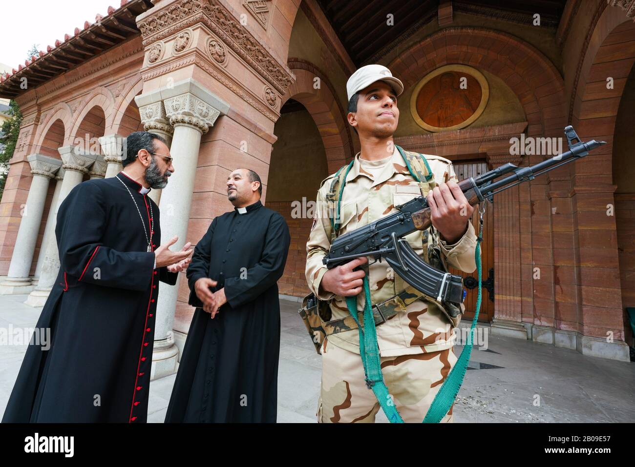 An armed soldier from the Egyptian Army guarding the Catholic cathedral ...