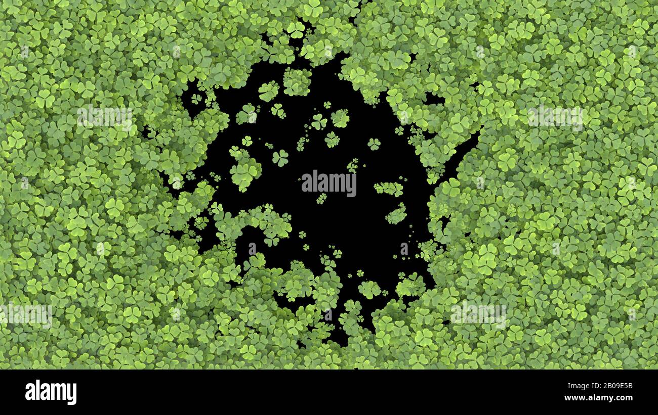 Green clover covering the screen on black background. 3D rendering ...
