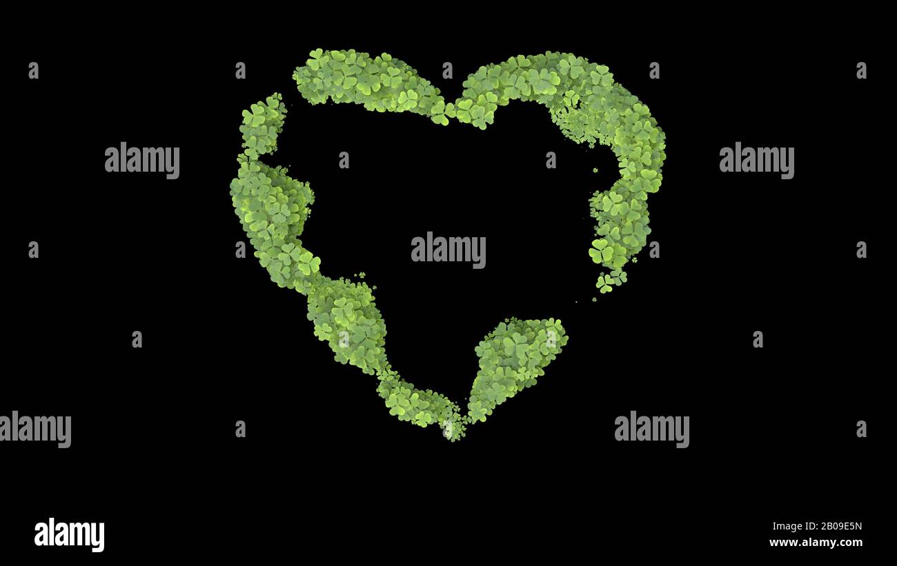 Green clover covering the screen in the shape of a heart on black ...