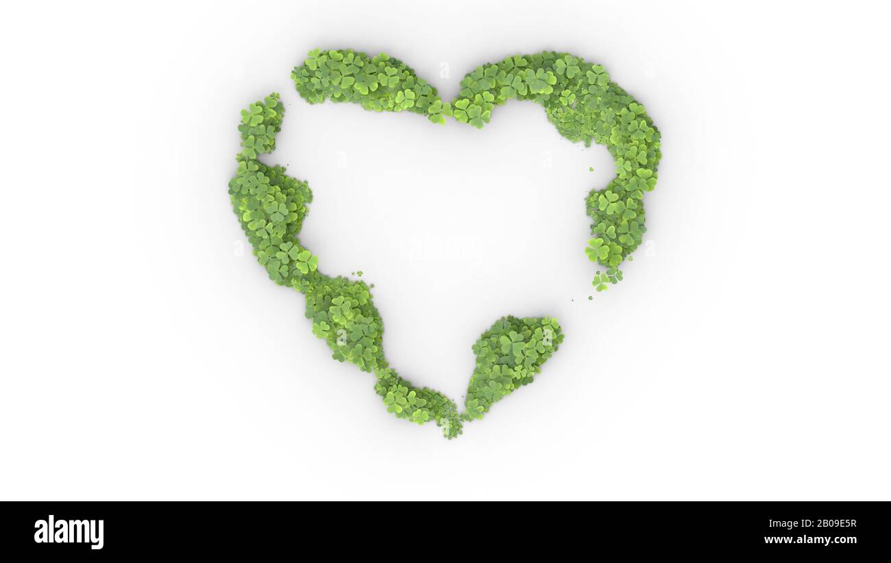 Green clover covering the screen in the shape of a heart on white ...