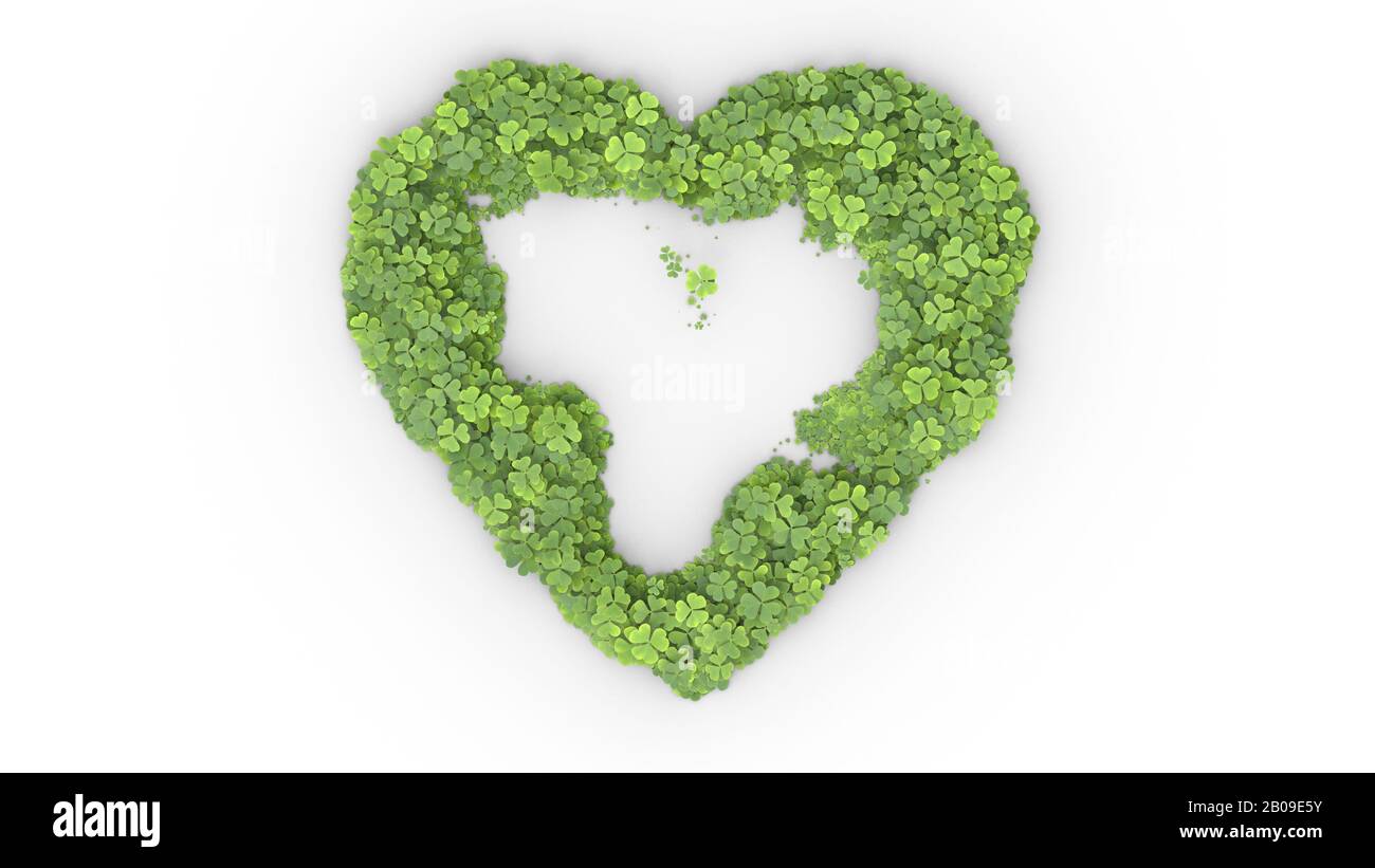 Green clover covering the screen in the shape of a heart on white ...