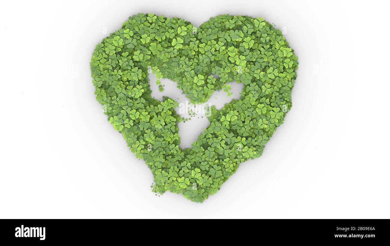 Green clover covering the screen in the shape of a heart on white ...