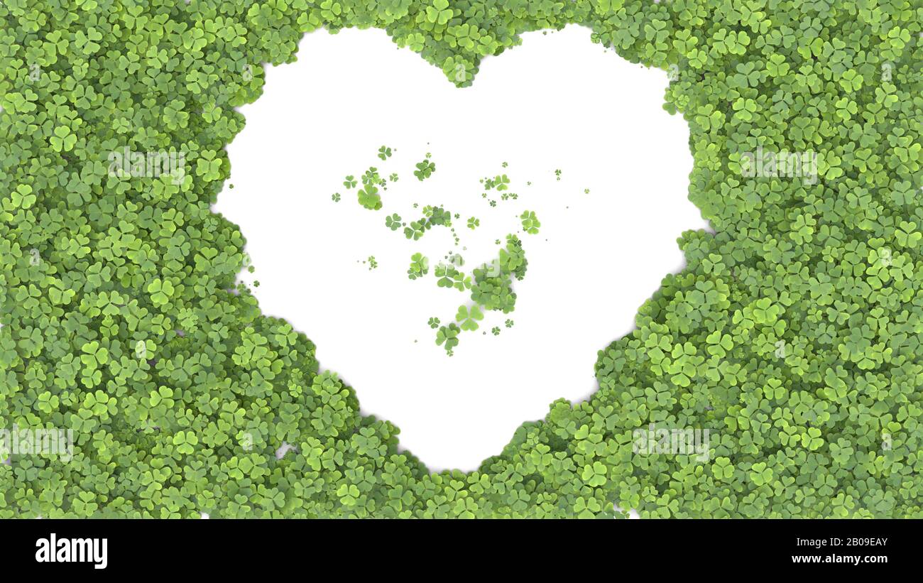 Green clover covering the screen in the shape of a heart on white ...