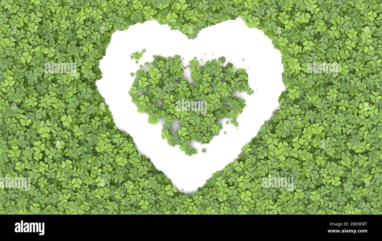 Green clover covering the screen in the shape of a heart on white ...