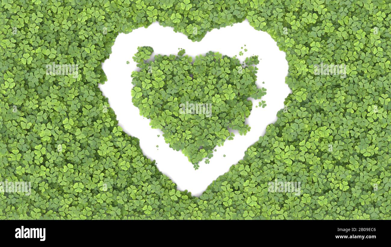 Green clover covering the screen in the shape of a heart on white ...