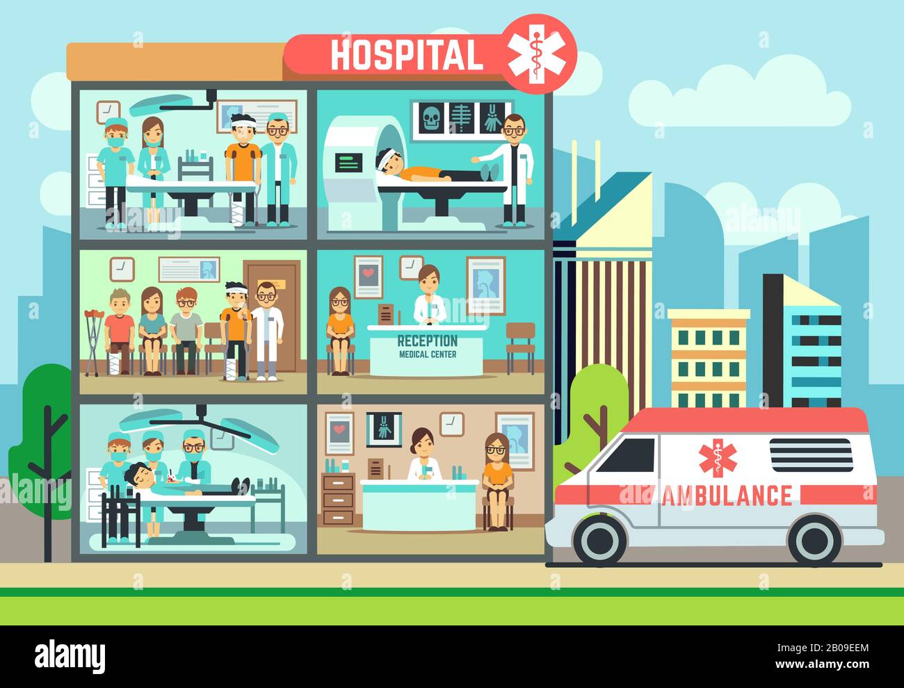 Hospital, medical clinic building, ambulance with patients and doctors ...