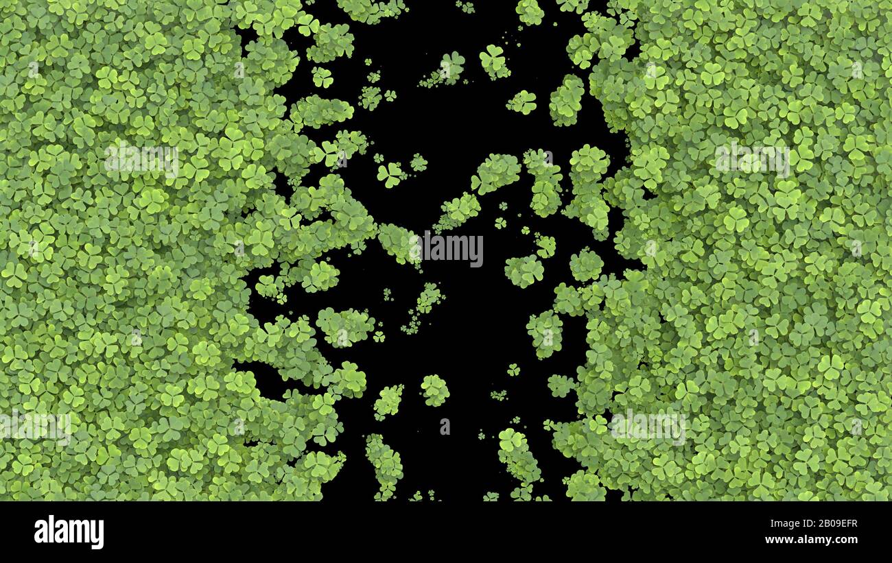 Green clover covering the screen on black background. 3D rendering ...
