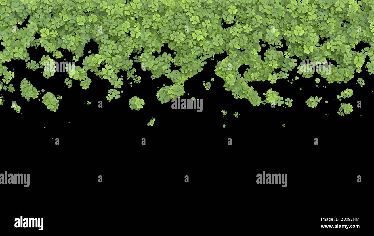 Green clover covering the screen on black background. 3D rendering ...