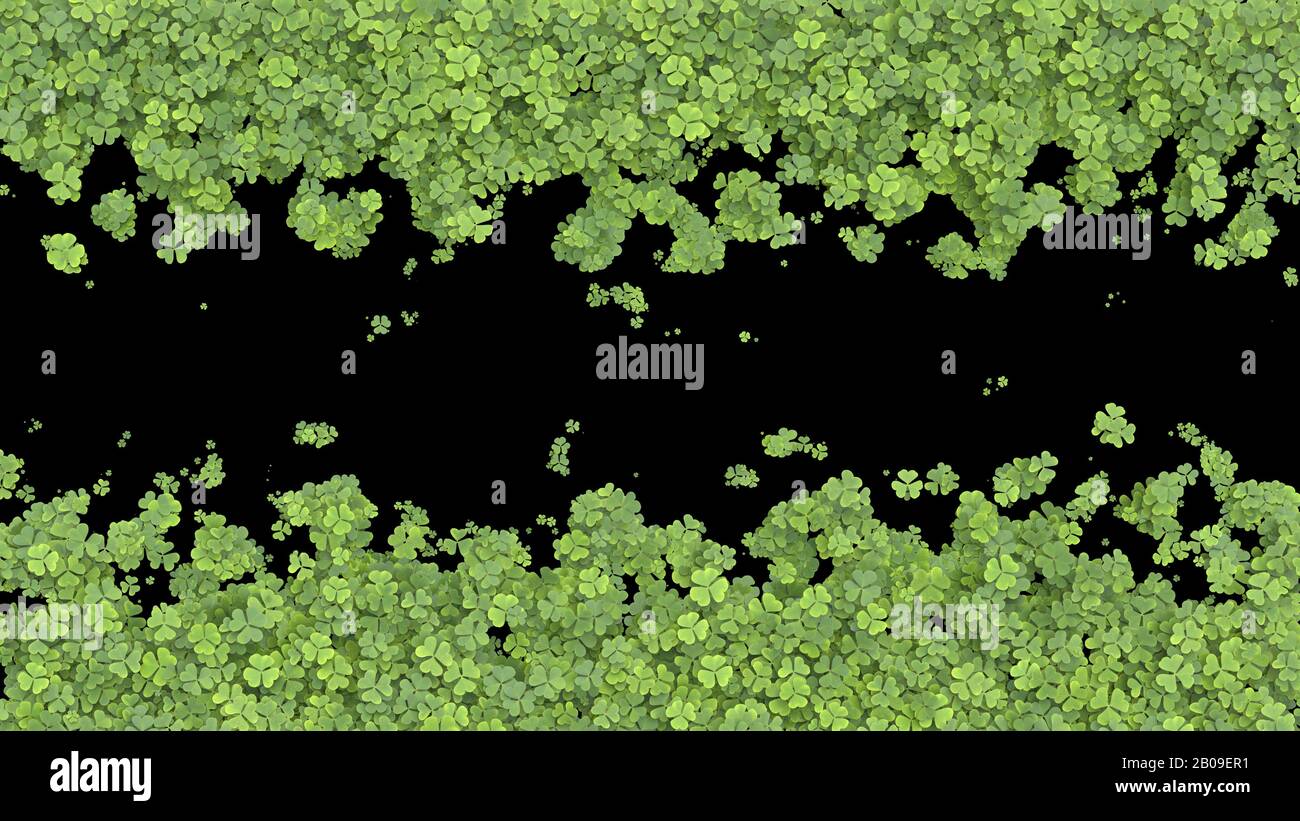 Green clover covering the screen on black background. 3D rendering ...