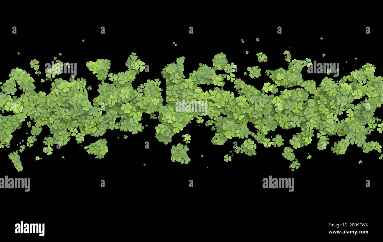 Green clover covering the screen on black background. 3D rendering ...