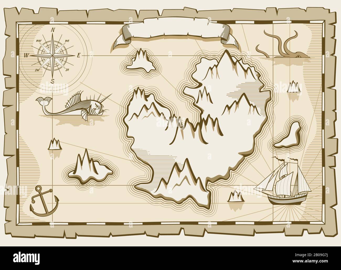 Vintage parchment vector brown map. Paper parchment with ancient map ...