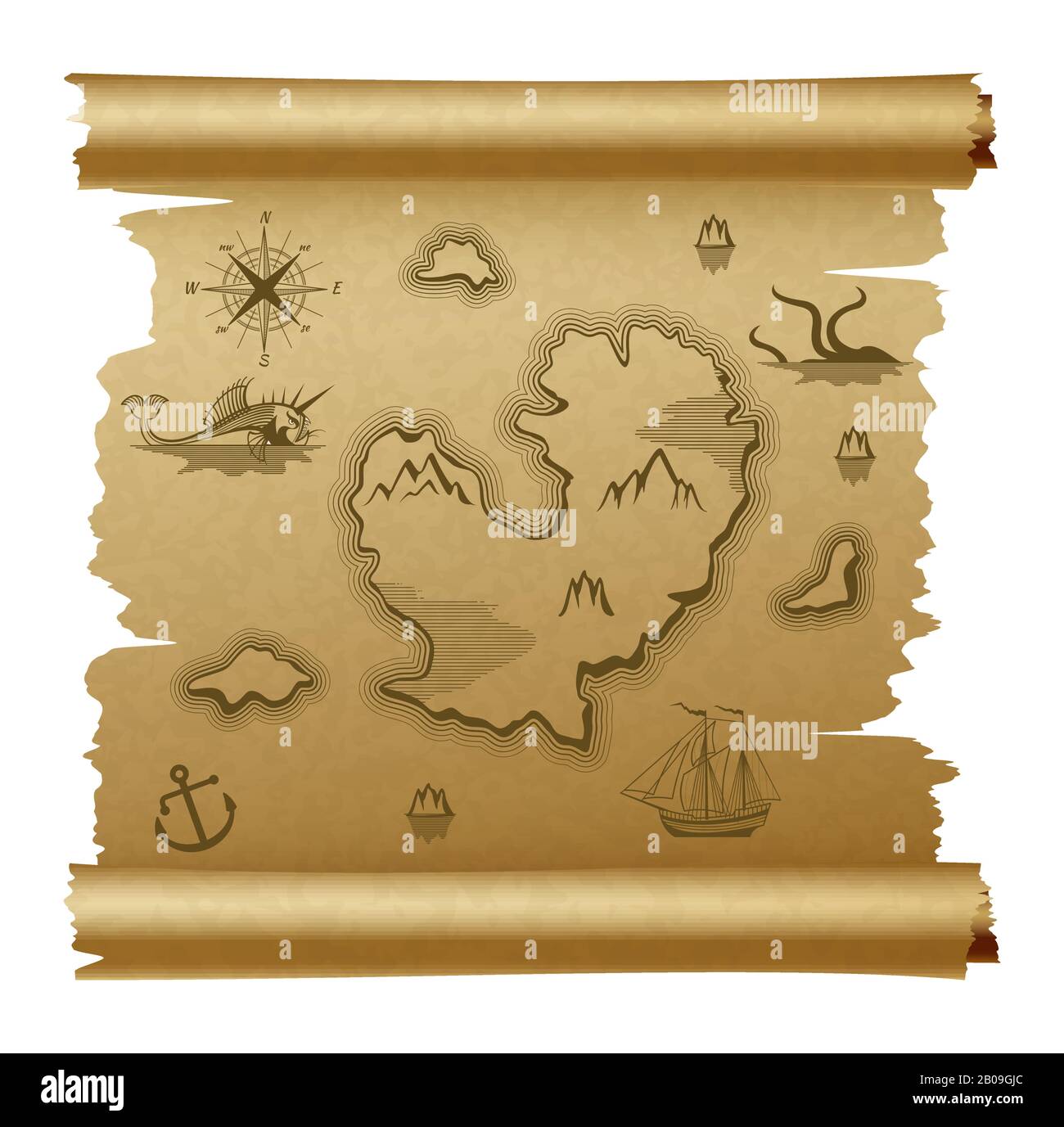 Vintage vector map scrolled brown parchment. Illustration of paper map ...