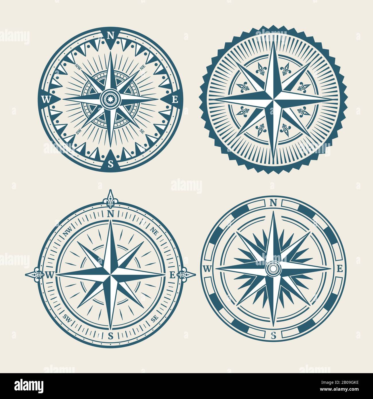Vintage marine compass logo set. Symbol of retro win rose. Vector ...