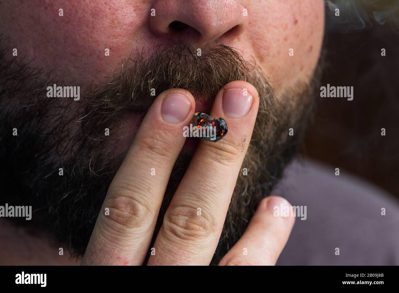 Close up of a bearded man smoking a one hundred dollar bill joint in a ...