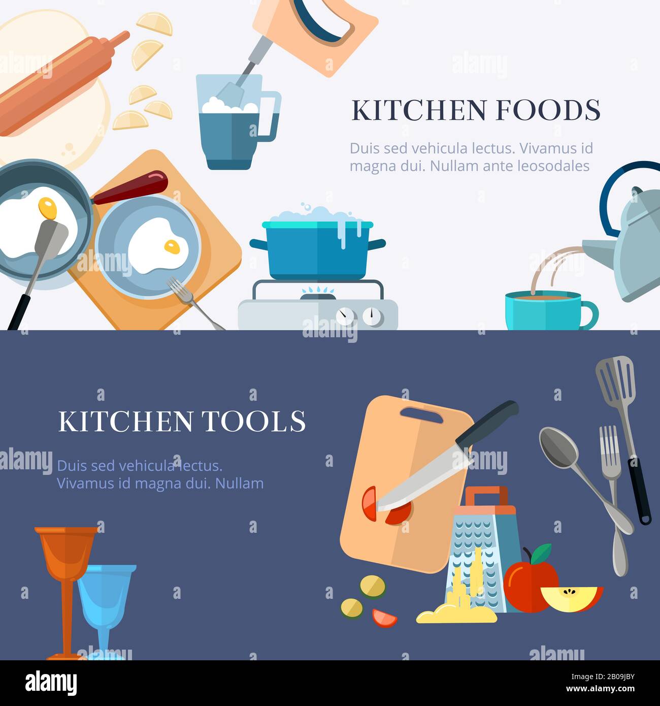 Kitchen utensils, cooking, home made food, kitchenware vector banners ...