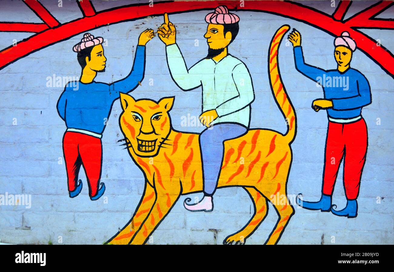 A mural depicts characters from Bangladeshi folk tales on the boundary ...