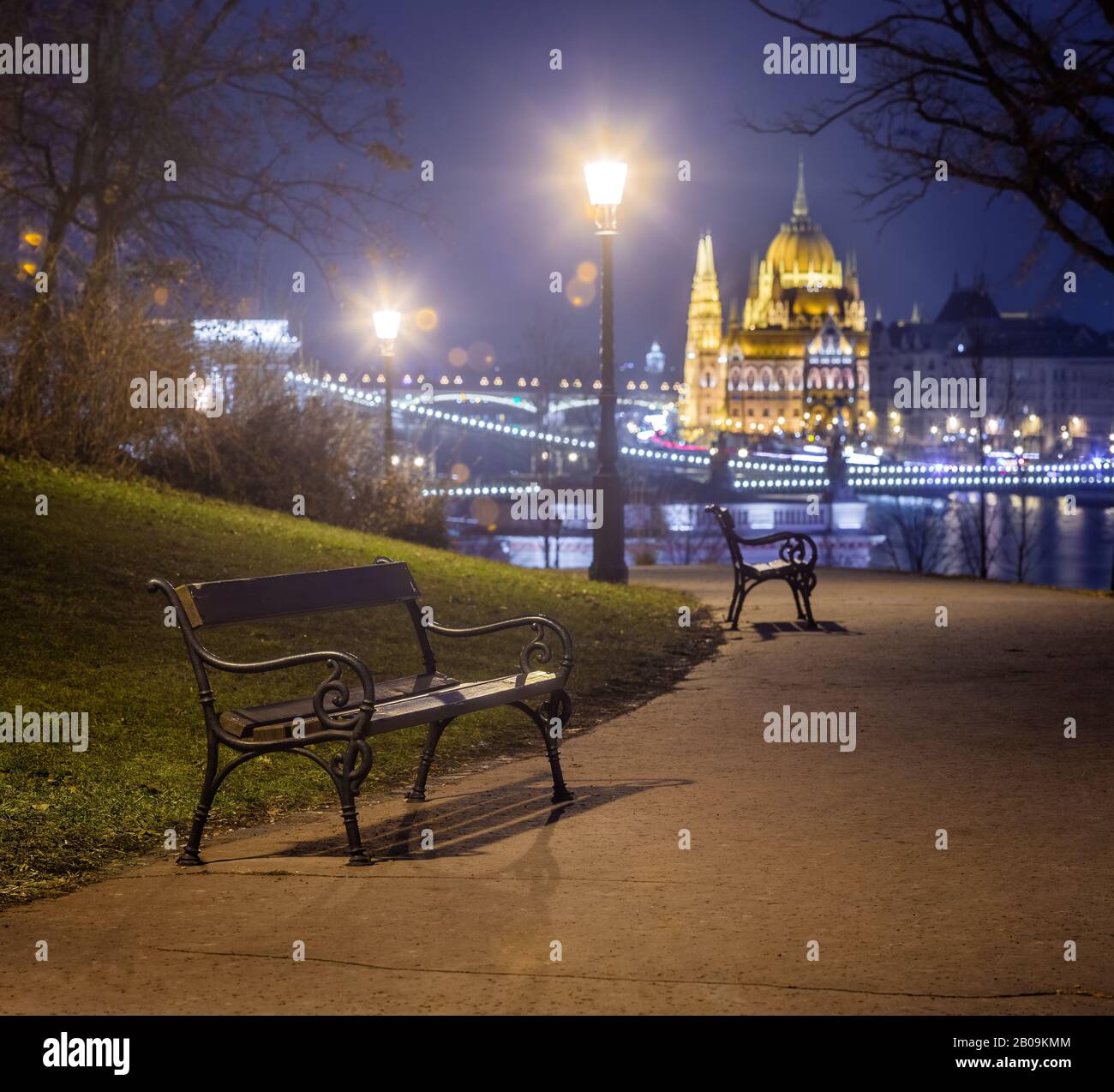 Budapest, Hungary - Bench and lamp post in a park at Buda district with ...