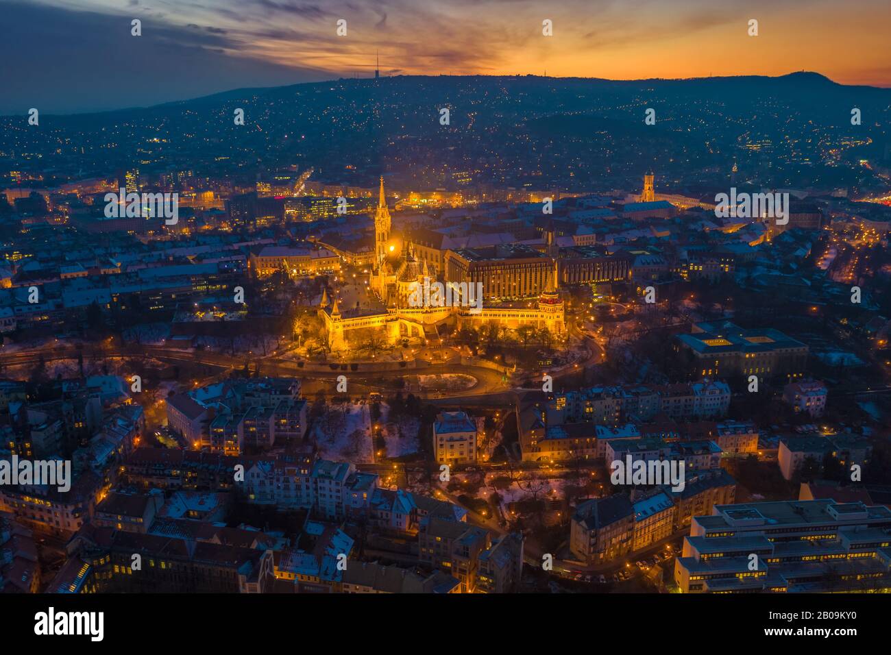 Budapest, Hungary - Aerial view of the illuminated Fisherman's Bastion ...