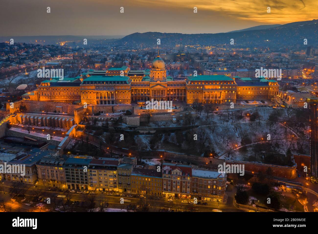 Budapest, Hungary - Aerial view of the snowy Buda Castle Royal Palace ...