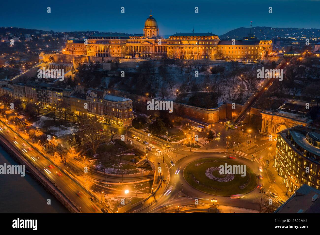Budapest, Hungary - Aerial view of Clark Adam Square with illuminated ...