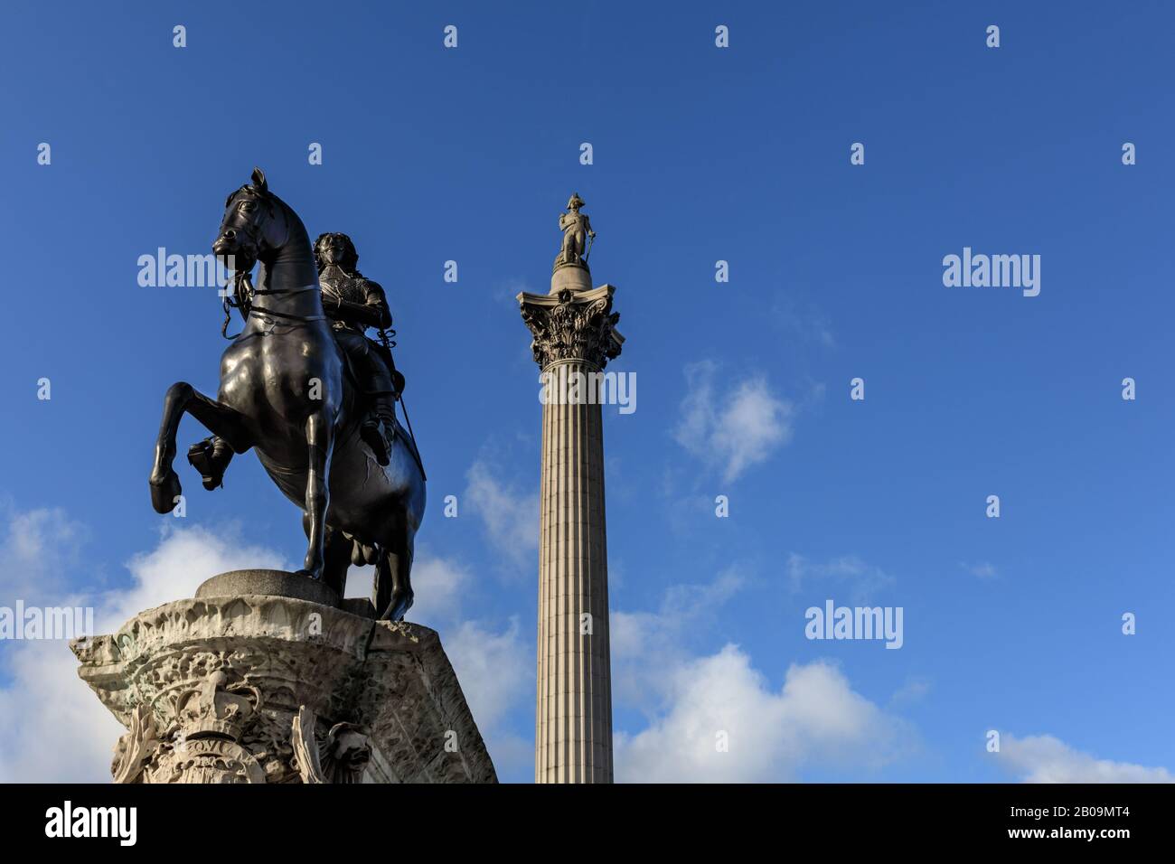 Equestrian statue of Charles I, and Nelson's Column in background ...