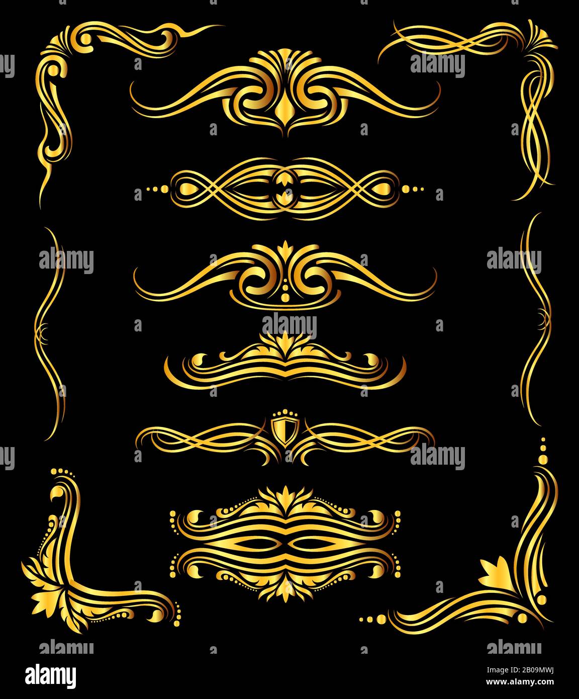 Golden ornate vector borders and corner elements over black. Template ...