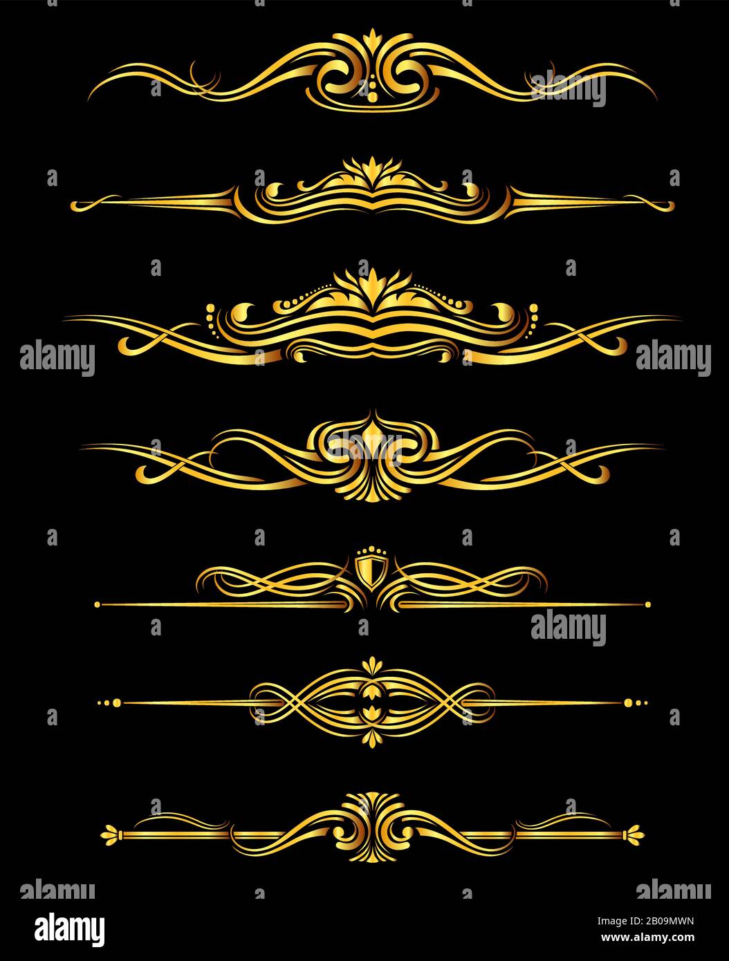 Vector golden ornate borders set black background. Decorative elements ...
