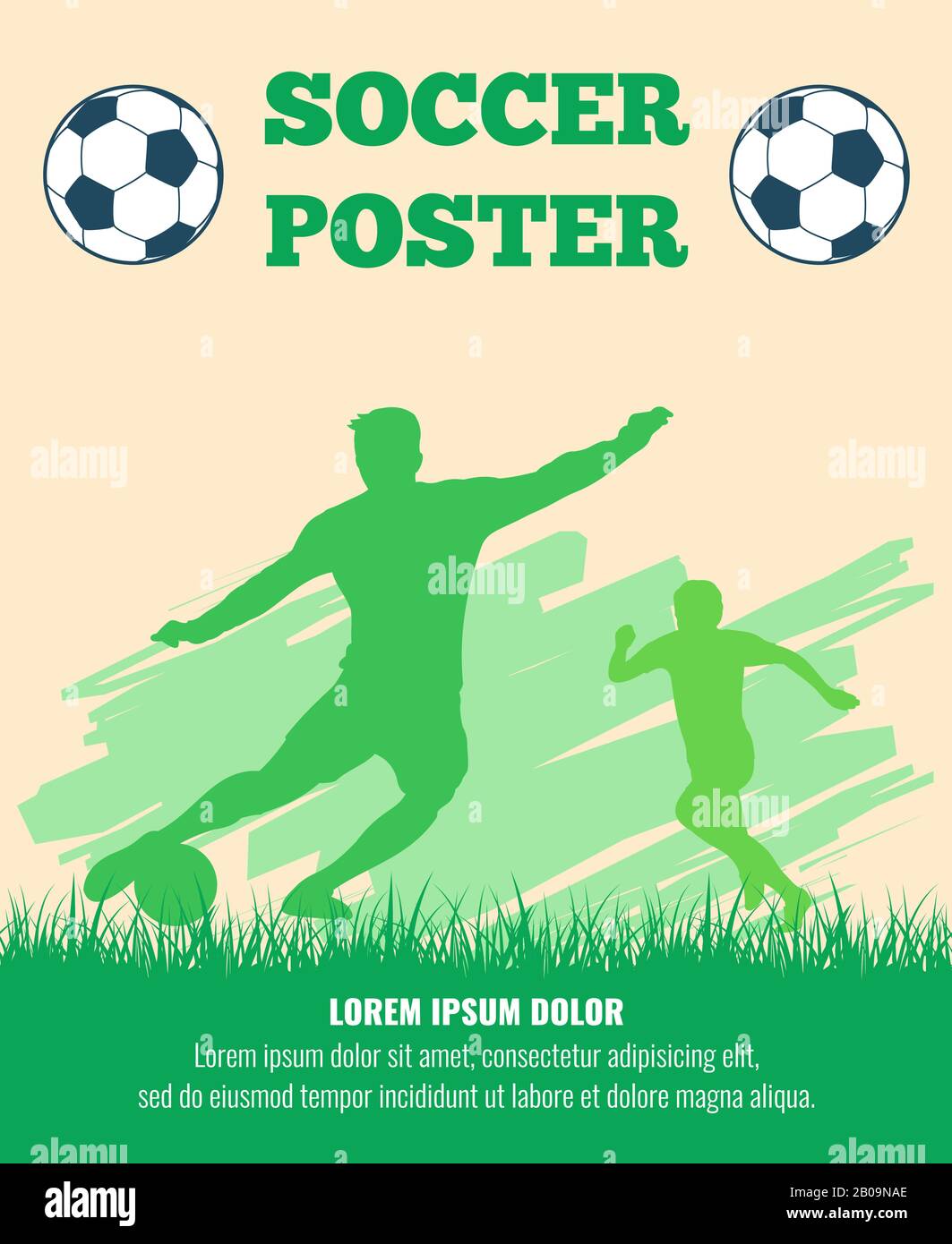 Soccer players vector poster template. Silhouette soccer players with ...