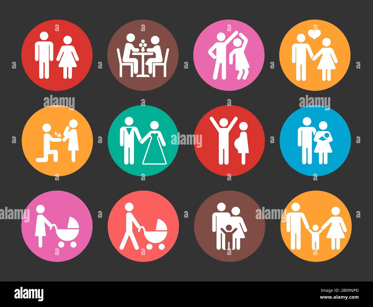 Family vector colorful icons set. Happy family silhouette signs ...
