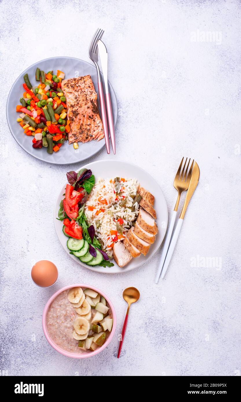 Breakfast, lunch and dinner. Day menu Stock Photo - Alamy