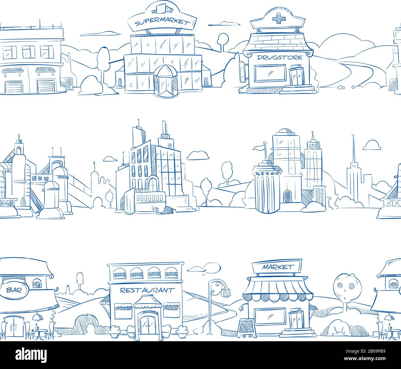 City retail buildings, store, supermarket and restaurant in hand drawn ...