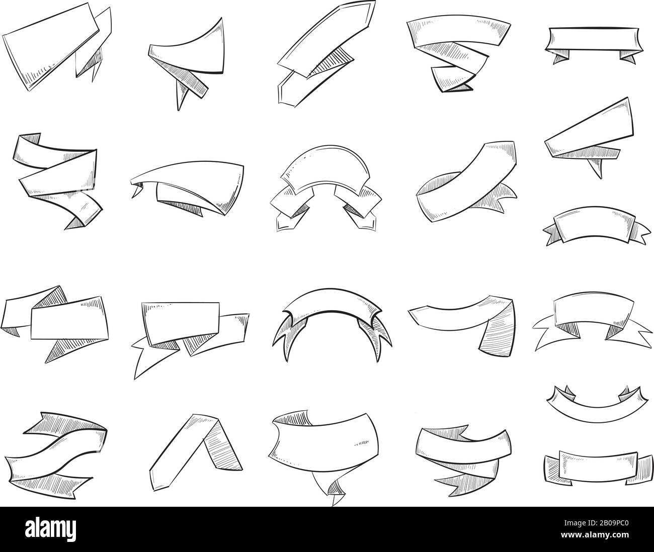Hand drawn banners, pencil sketched, doodle vintage ribbons vector set. Collection of sketch ...