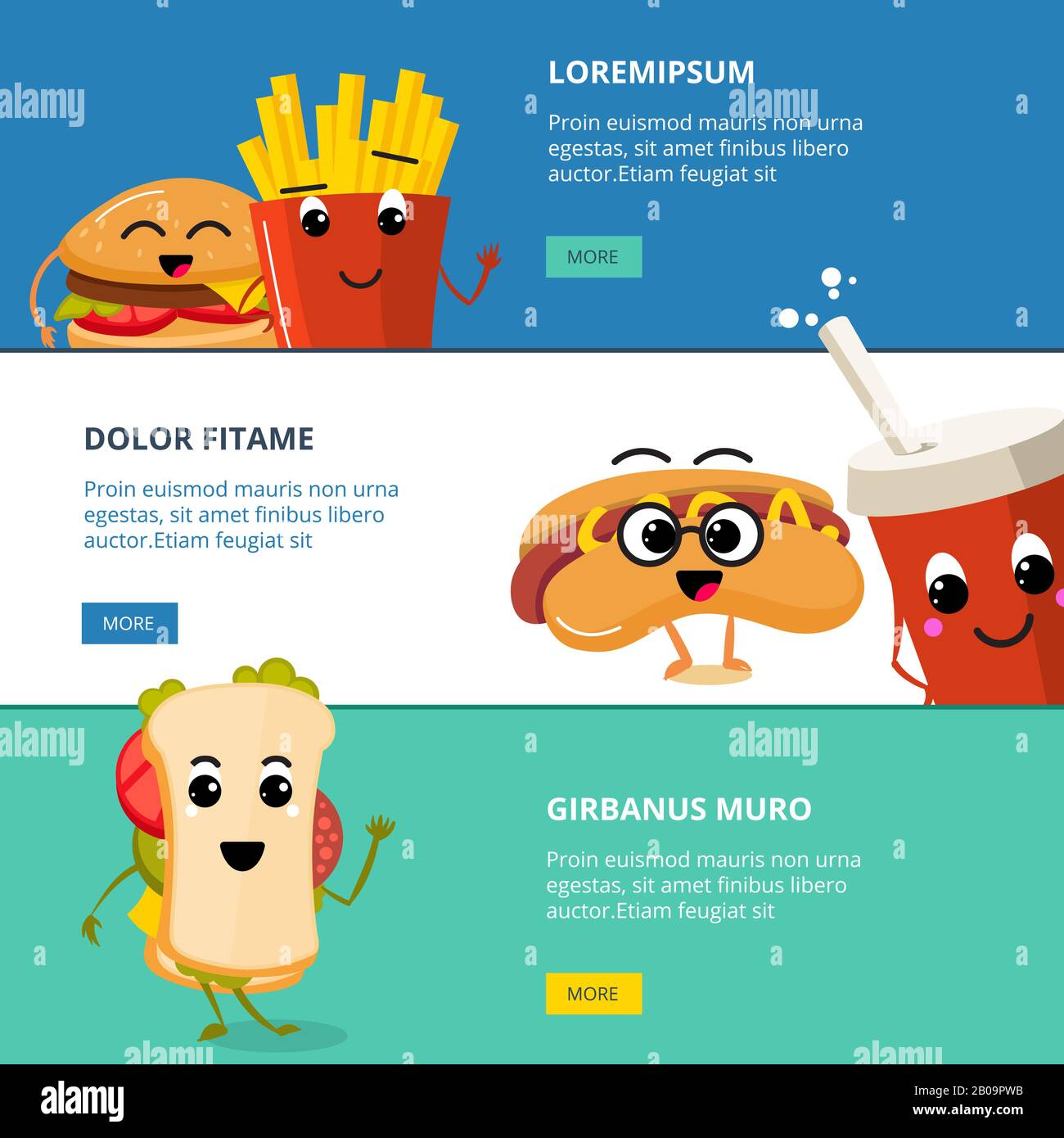 Vector horizontal banners set with cartoon cute fast food characters ...