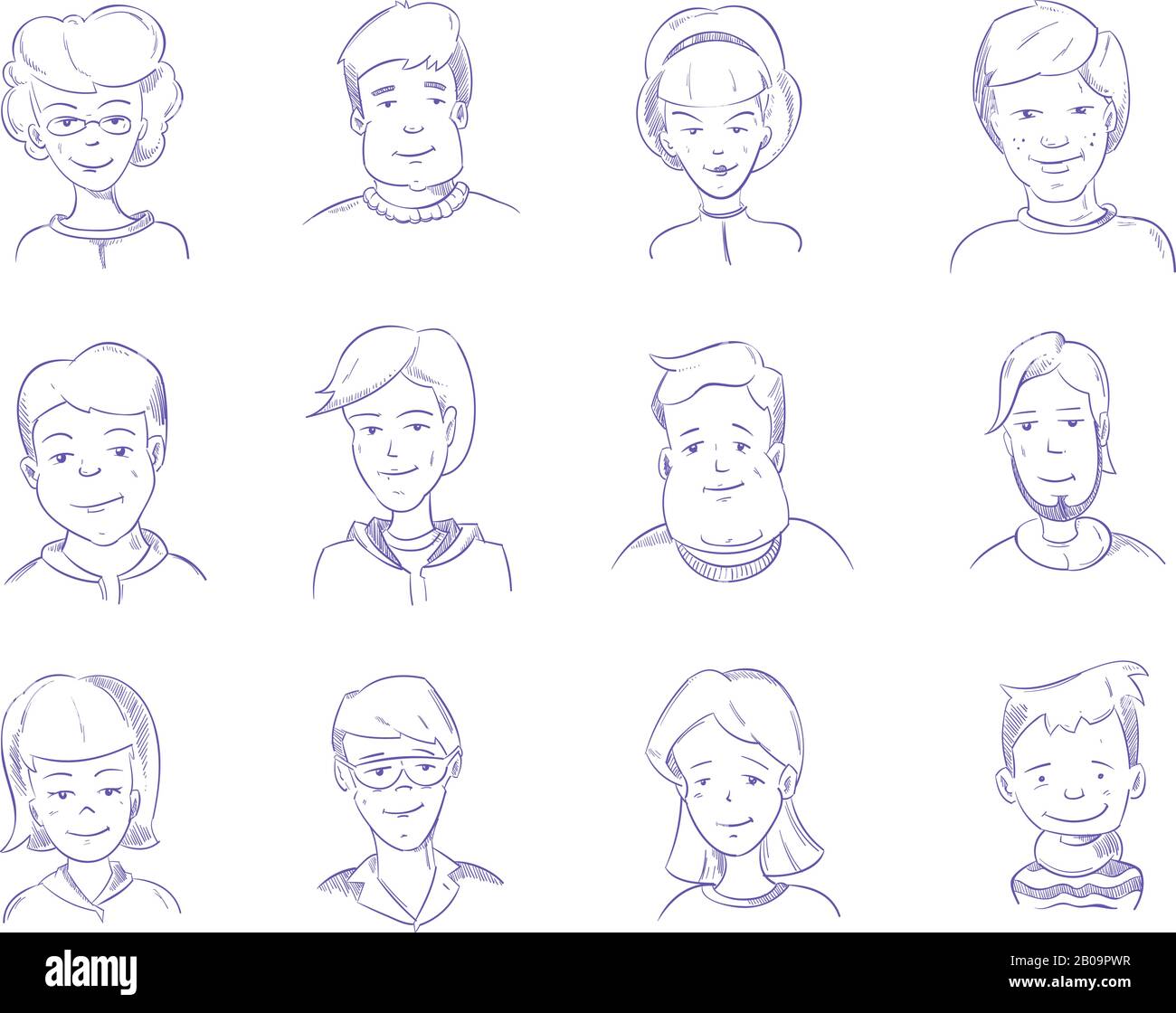 Doodle human heads, hand drawn adult portraits, sketch people ...