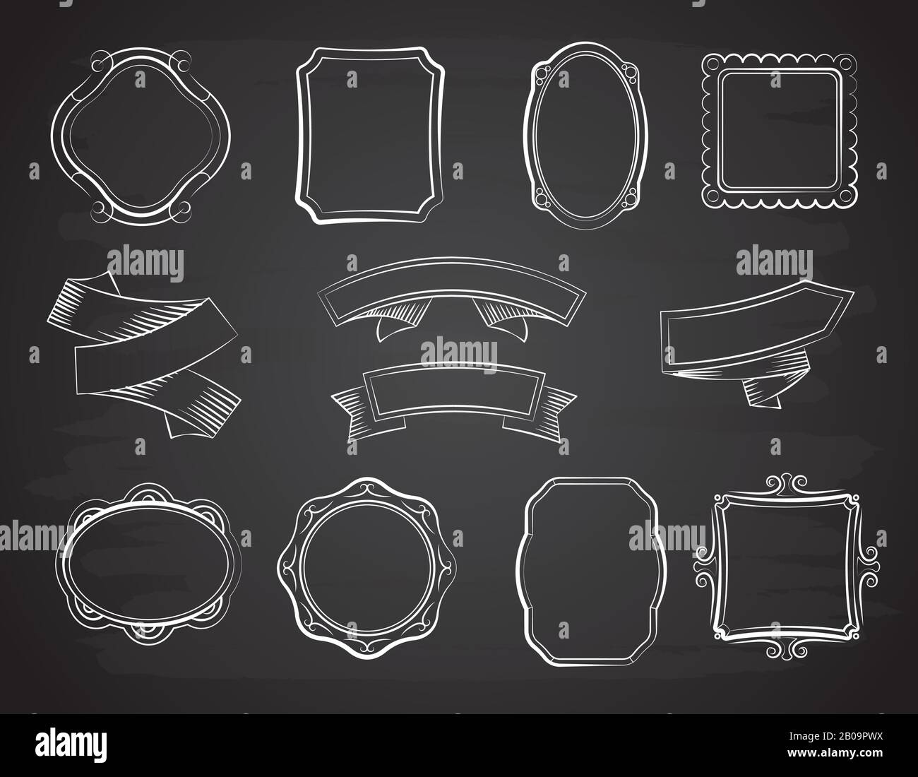 Vintage chalkboard hand drawn ribbon banners, picture frames and labels ...